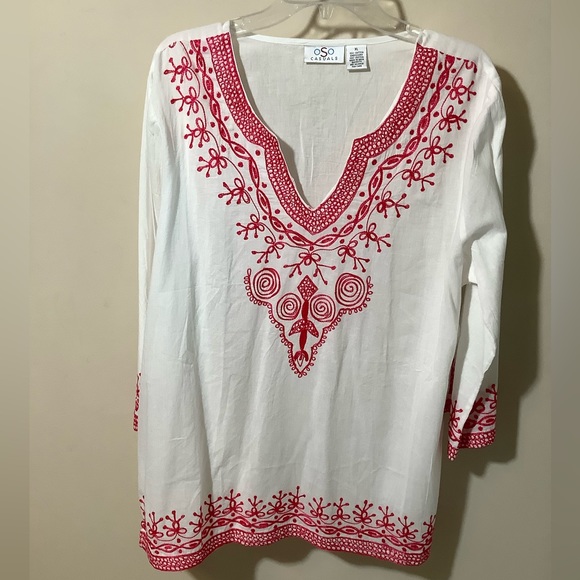 Oso Casuals | Tops | Oso Casuals White Cotton Top Embroidered In Pink ...